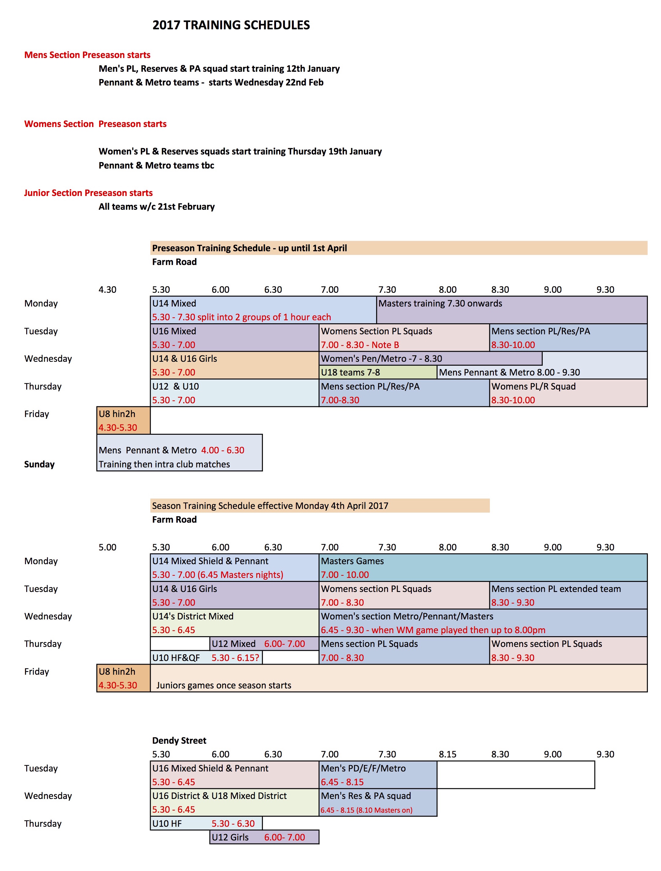 Training Schedule 18 Jan | Southern United Hockey Club